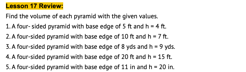 Solved Lesson 17 Review: Find the volume of each pyramid | Chegg.com