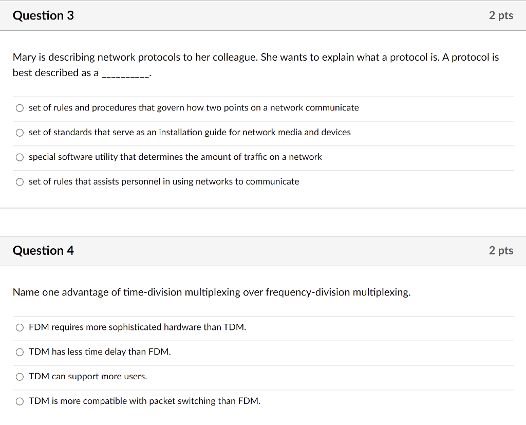 Solved Question 3 2 pts Mary is describing network protocols | Chegg.com
