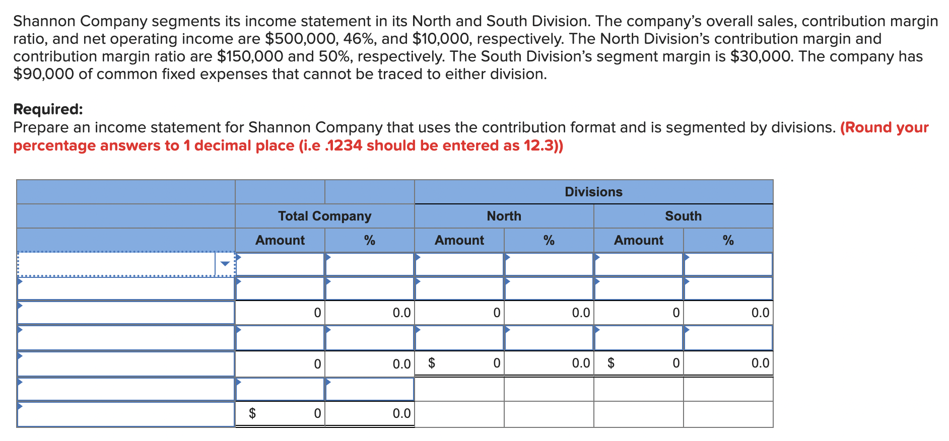 Solved Shannon Company segments its income statement in its | Chegg.com