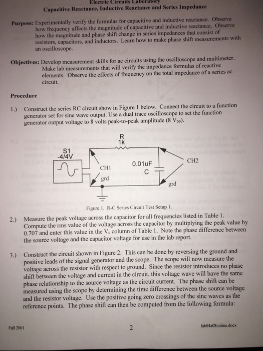Electric Circuits Laboratory Capacitive Reactance, | Chegg.com