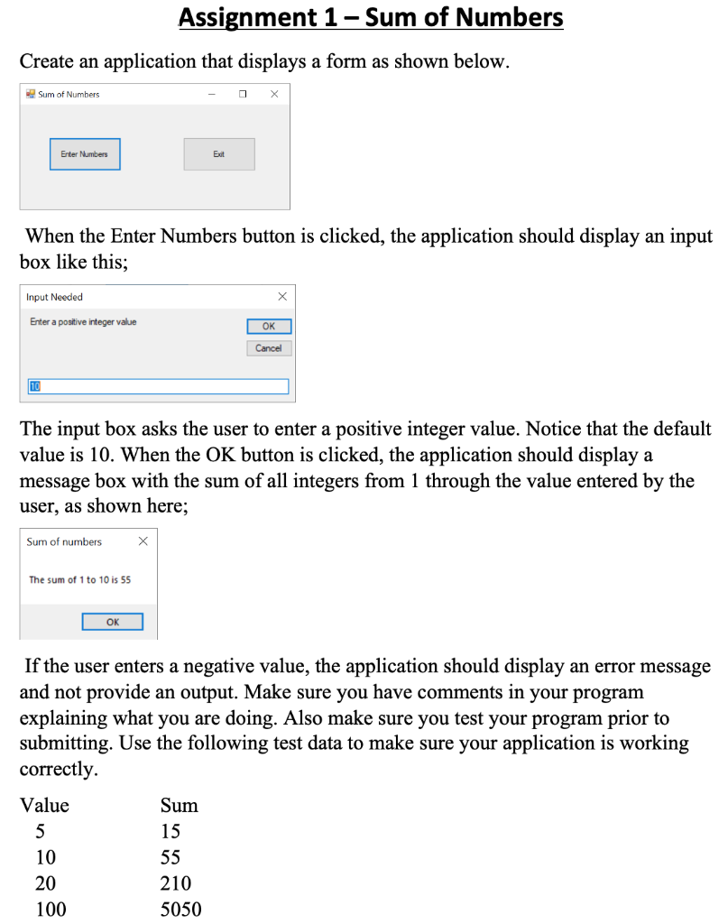 Solved Assignment 1 - Sum of Numbers Create an application | Chegg.com