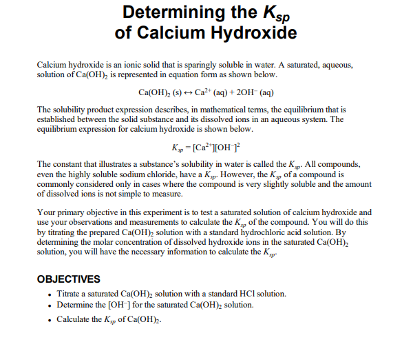 Solved Determining the Ksp of Calcium Hydroxide Calcium | Chegg.com