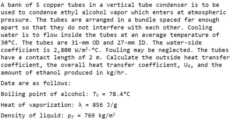 Solved A bank of 5 copper tubes in a vertical tube condenser | Chegg.com