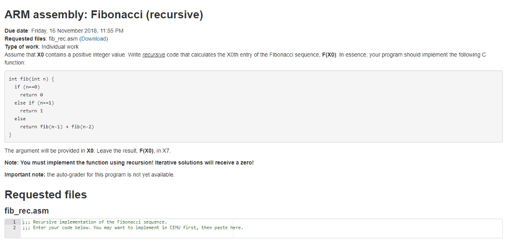ARM assembly: Fibonacci (recursive) Due date: Friday, | Chegg.com