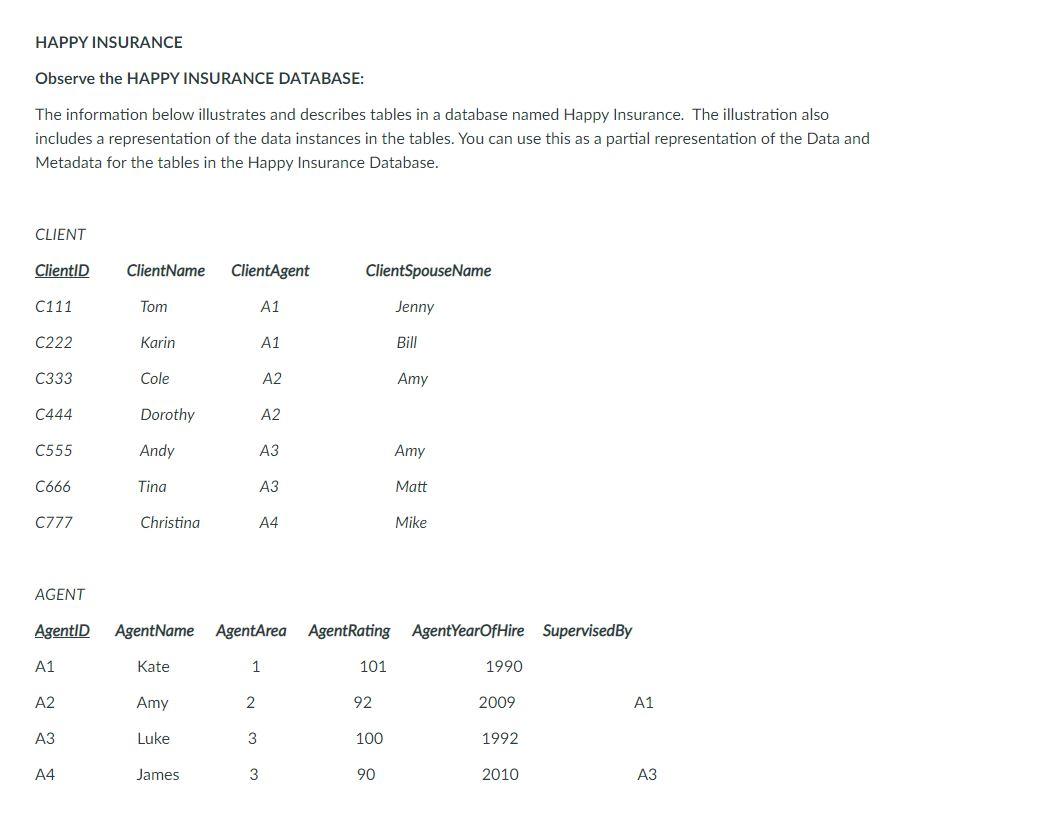 Solved HAPPY INSURANCE Observe the HAPPY INSURANCE DATABASE: | Chegg.com