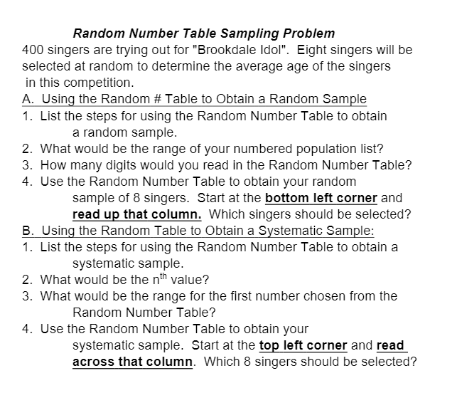 Random Number Table Sampling Problem 400 singers are | Chegg.com