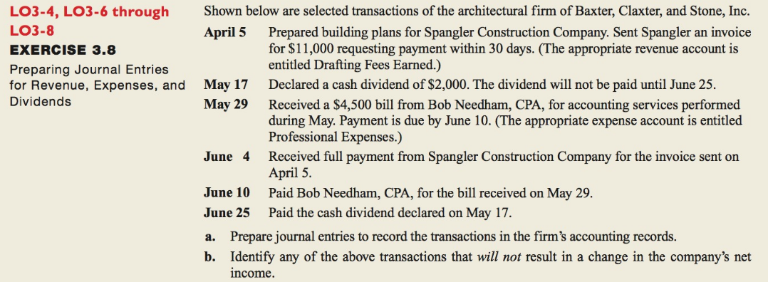 Solved LO3-4, LO3-6 through LO3-8 EXERCISE 3.8 Preparing | Chegg.com