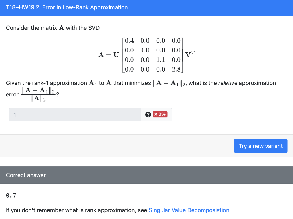 Solved T18-HW19.2. Error in Low-Rank Approximation Consider | Chegg.com