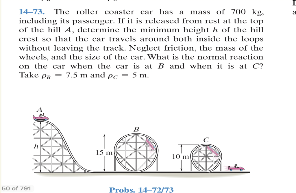 Solved 14-73. The roller coaster car has a mass of 700 kg, | Chegg.com