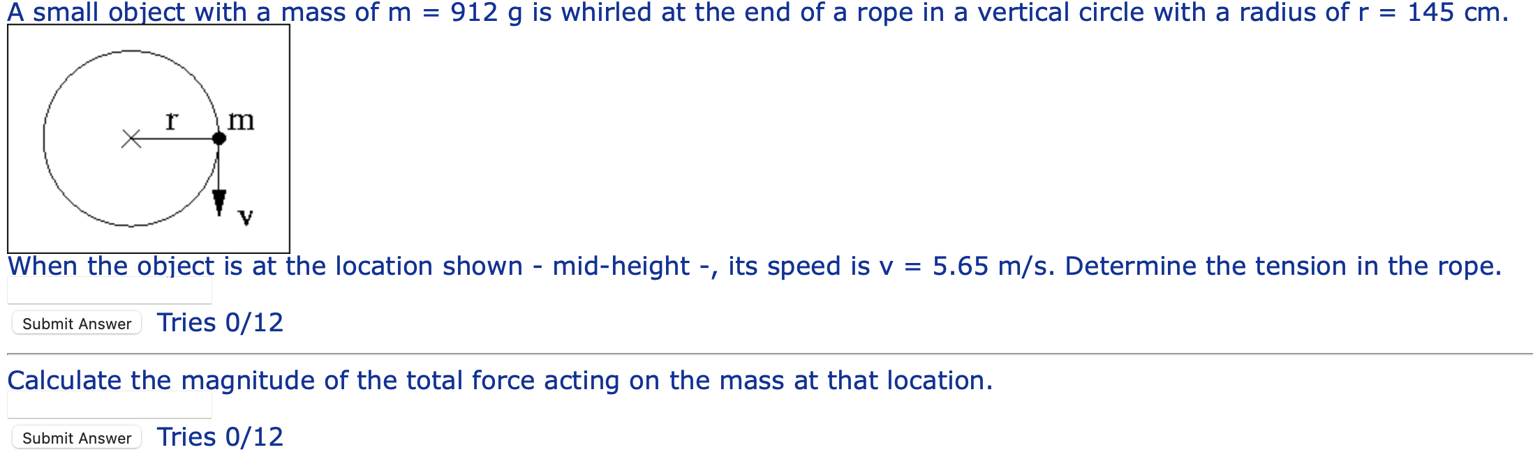 Solved A small object with a mass of m=912 g is whirled at | Chegg.com