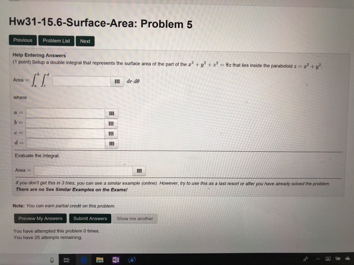 Solved Hw31-15.6-Surface-Area: Problem 5 Previous Problem | Chegg.com