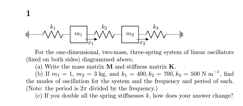 Solved For the one-dimensional, two-mass, three-spring | Chegg.com