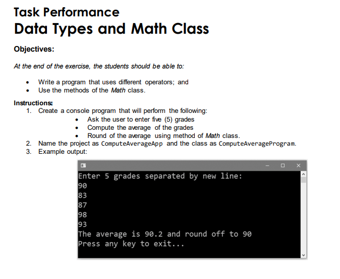 Solved Task Performance Data Types and Math Class | Chegg.com