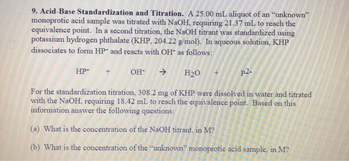 Solved 9. Acid-Base Standardization and Titration. A 25.00 | Chegg.com