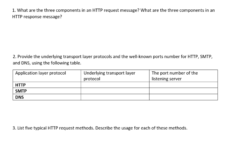 Solved 1. What are the three components in an HTTP request | Chegg.com