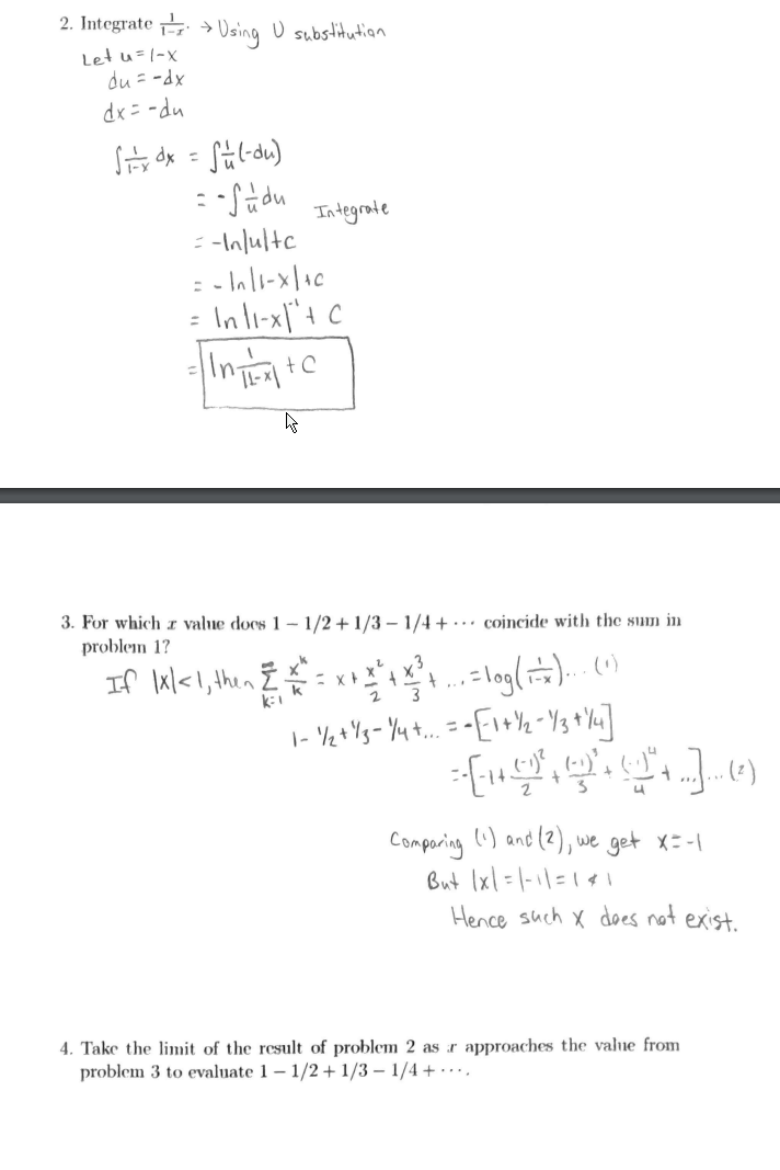 Solved 2. Integrate + Using U substitution Let u=1-x du=-dx | Chegg.com