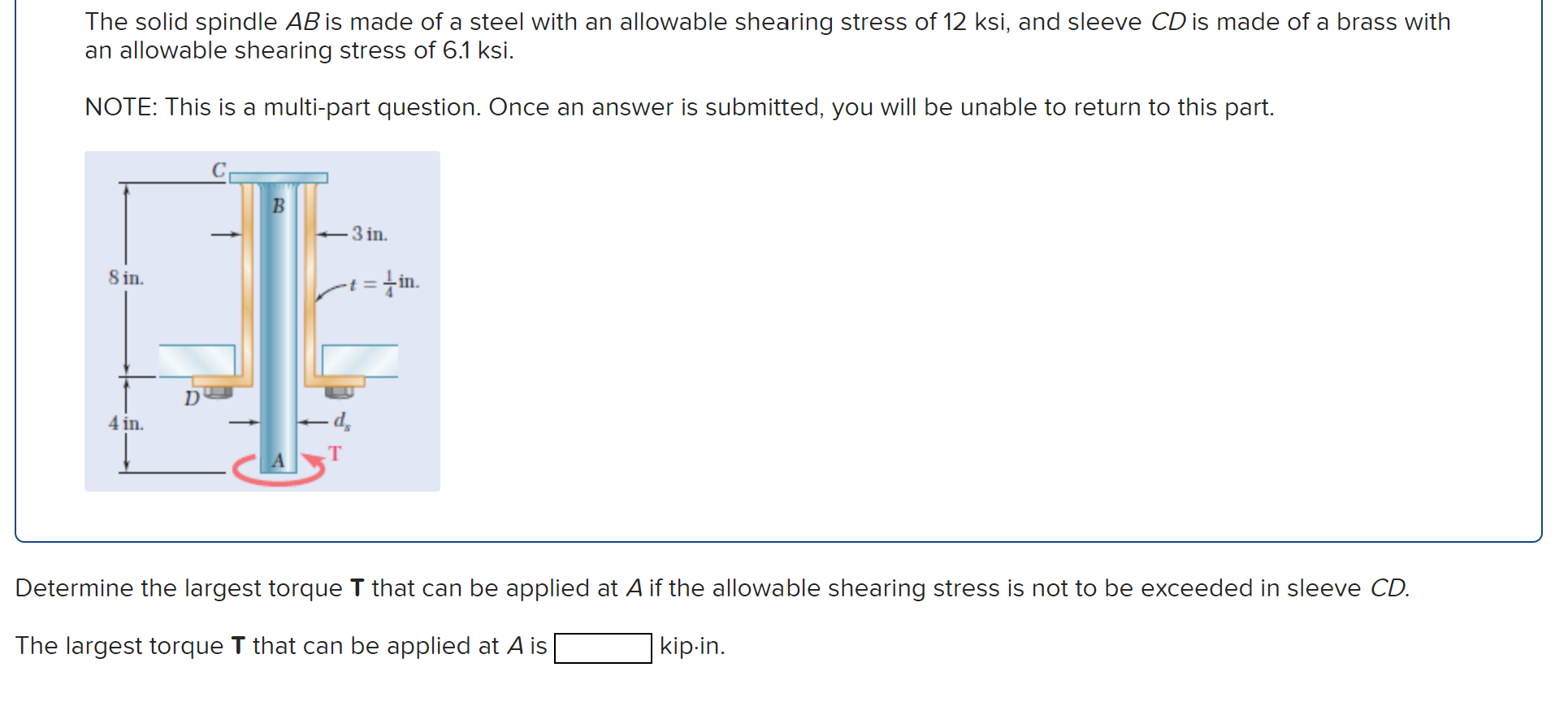 Solved The solid spindle AB is made of a steel with an | Chegg.com