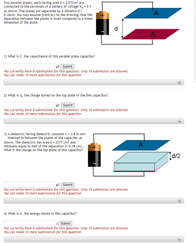 Solved Two parallel plates, each having area A = 2377cm2 are | Chegg.com