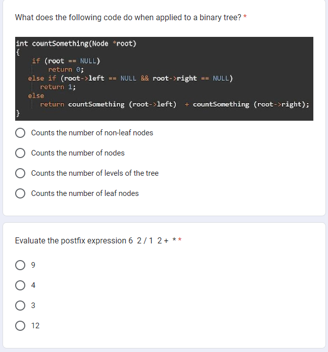 Solved int countSomething(Node *root) \{ if (root =± NULL) | Chegg.com