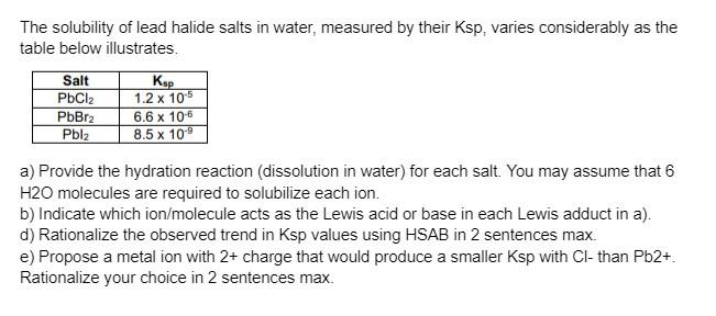 Solved The solubility of lead halide salts in water, | Chegg.com