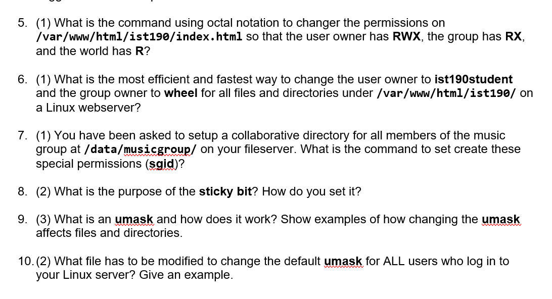Solved 5 1 What Is The Command Using Octal Notation To