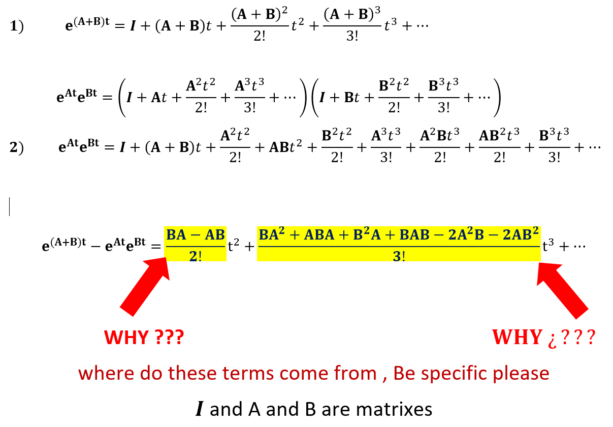 Solved 1) e(A+B)t=I+(A+B)t+2!(A+B)2t2+3!(A+B)3t3+⋯ | Chegg.com