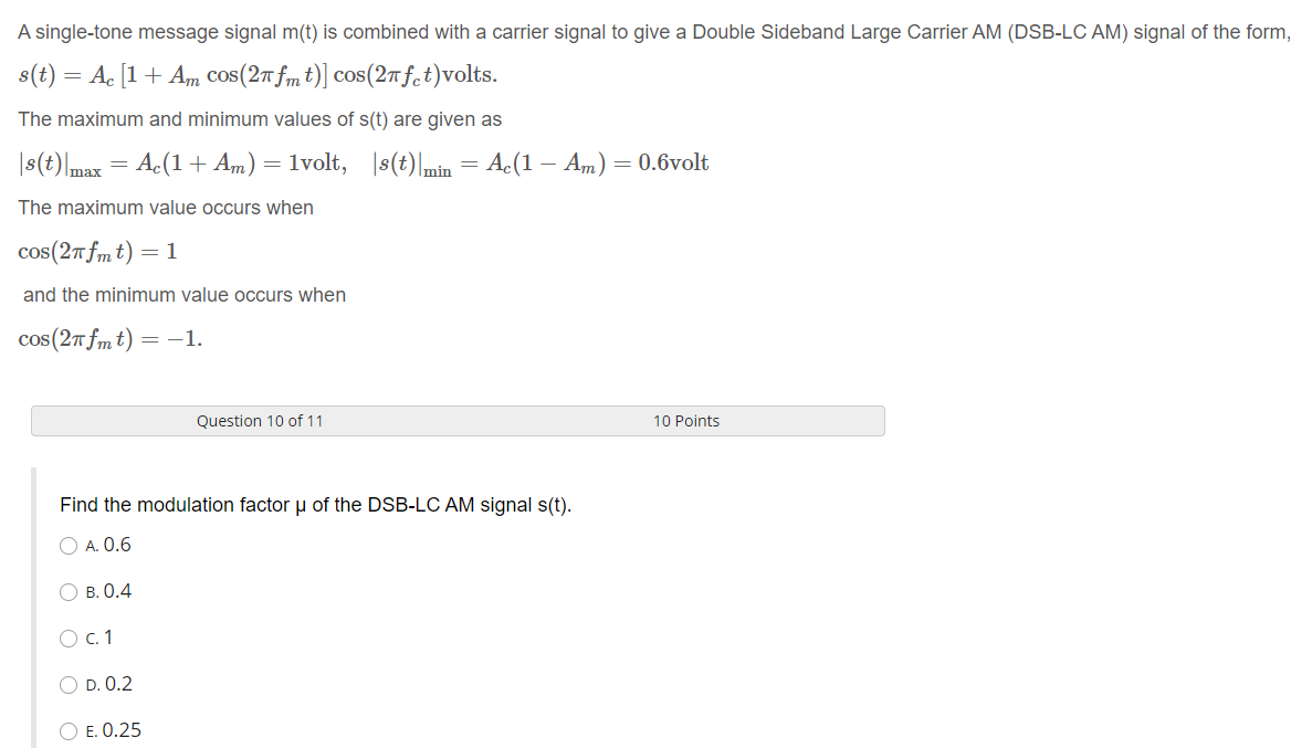 Solved A single-tone message signal m(t) is combined with a | Chegg.com