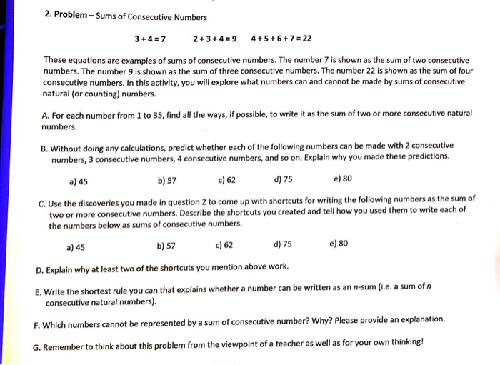 Solved Sums of Consecutive Numbers 3+4 = 7 2 +3+4 = 9 | Chegg.com