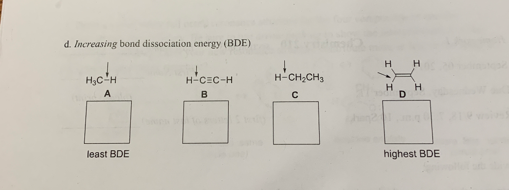 Solved d. Increasing bond dissociation energy (BDE) HH H₃CtH | Chegg.com