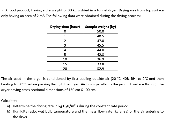 Solved 1 food product, having a dry weight of 30 kg is dried | Chegg.com