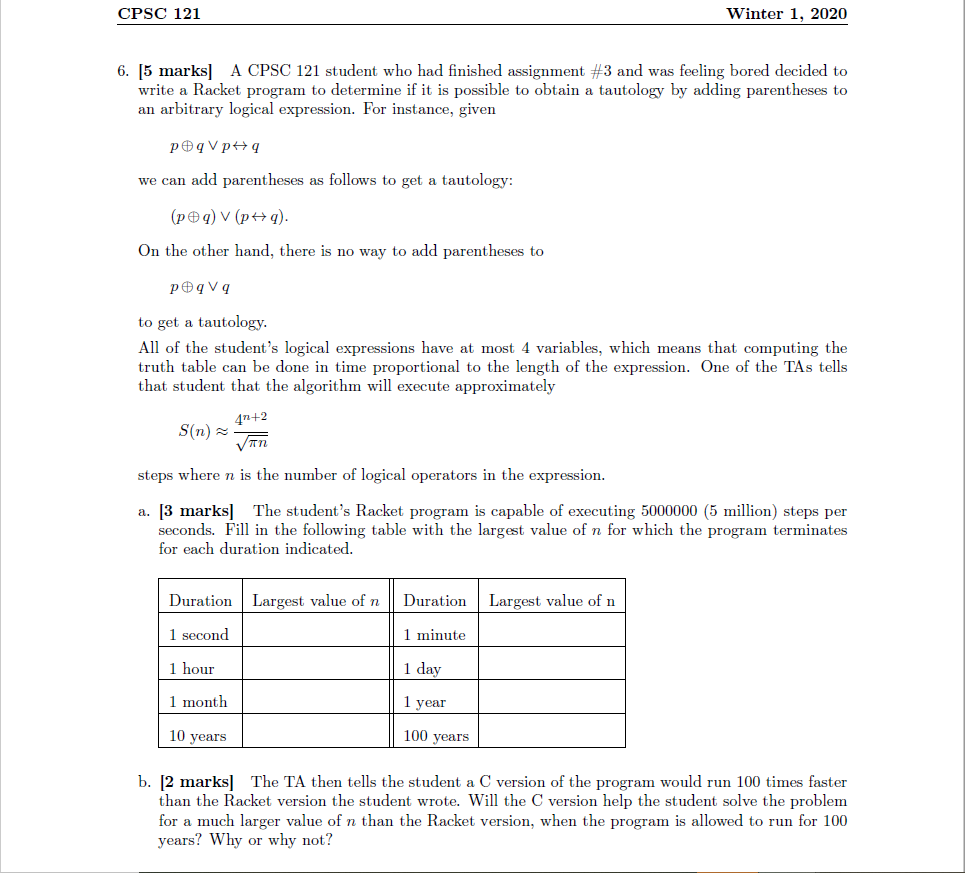 Solved CPSC 121 Winter 1, 2020 6. [5 marks] A CPSC 121 | Chegg.com