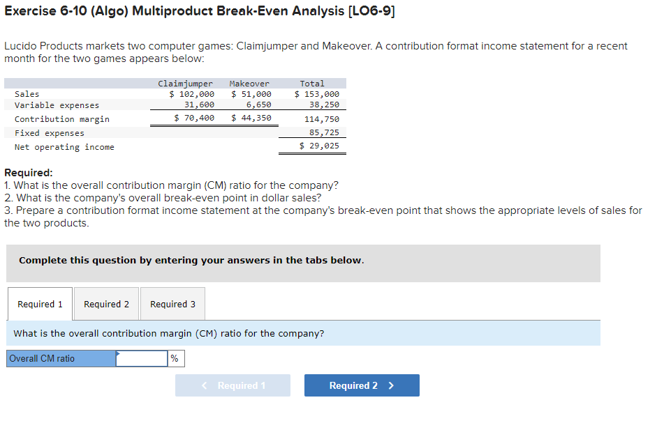 Solved Exercise 6-10 (Algo) Multiproduct Break-Even Analysis | Chegg.com