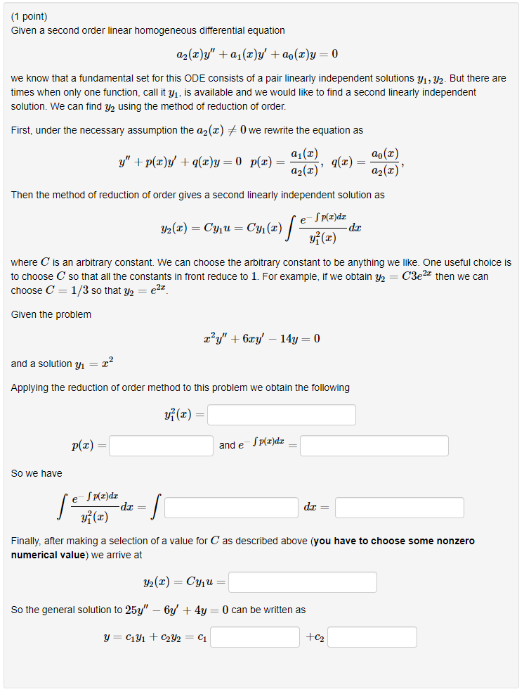 Solved 1 Point Given A Second Order Linear Homogeneous 4043