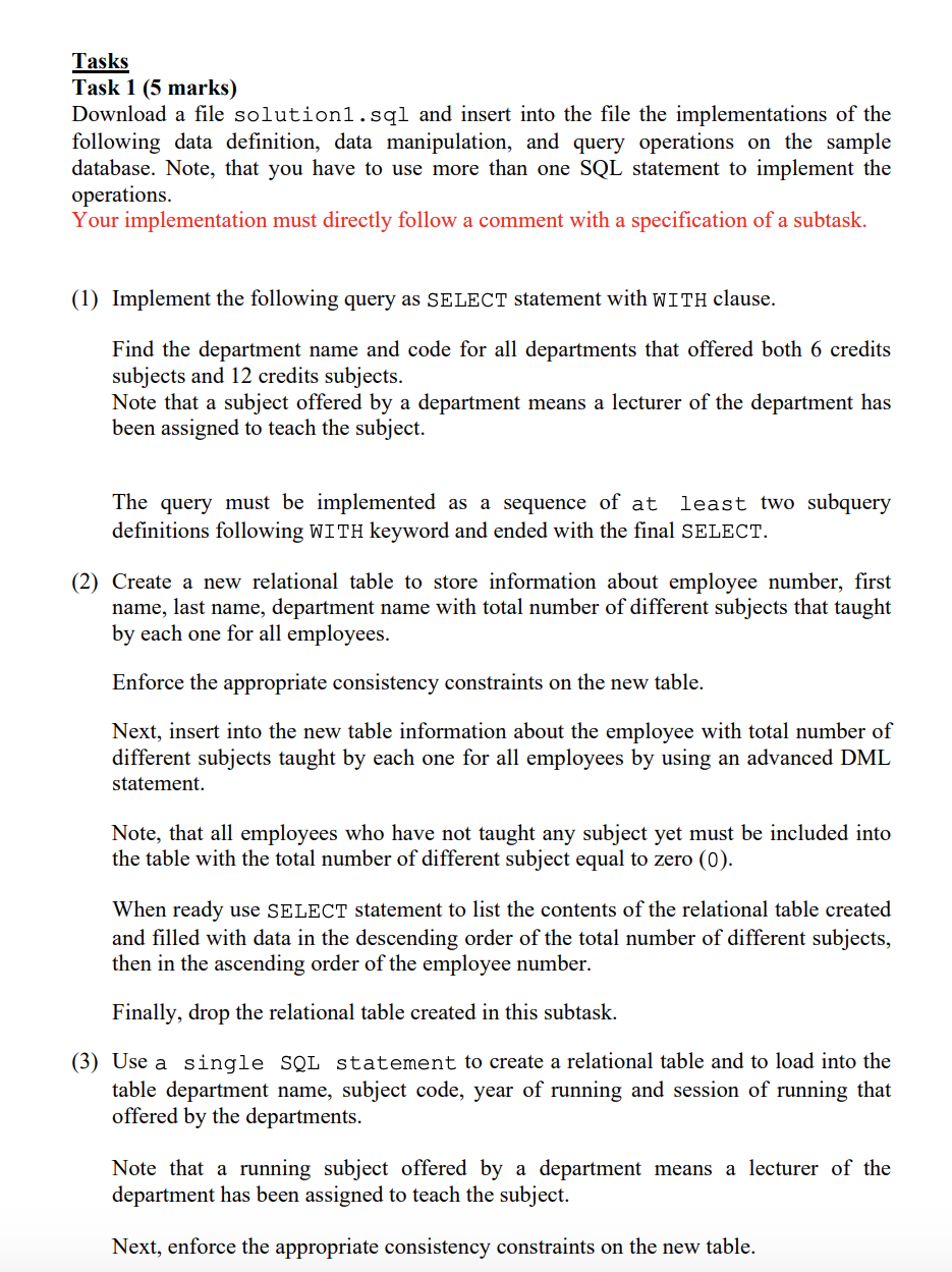 Tasks Task 1 (5 marks) Download a file solution1.sql | Chegg.com