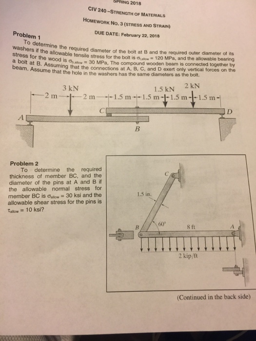 Solved SPRING 2018 CIV 240-STRENGTH OF MATERIALS HoMEWORK | Chegg.com