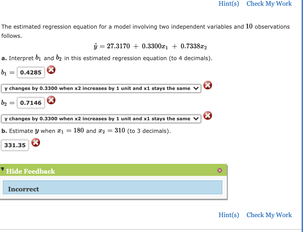 Solved Hint(s) Check My Work The estimated regression | Chegg.com