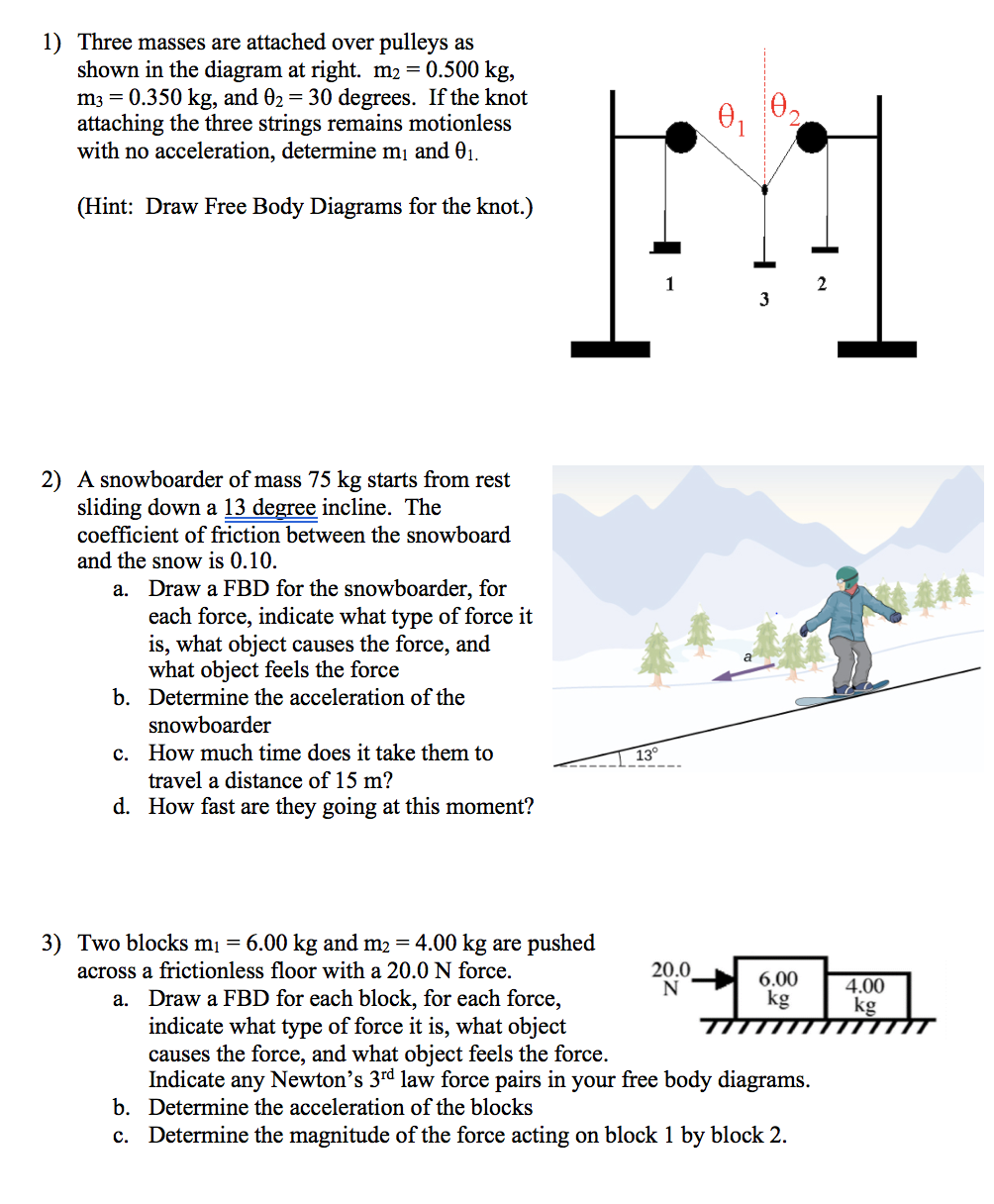 Solved 1) Three masses are attached over pulleys as shown in | Chegg.com