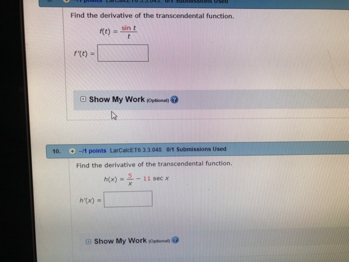 Solved Find the derivative of the transcendental function | Chegg.com