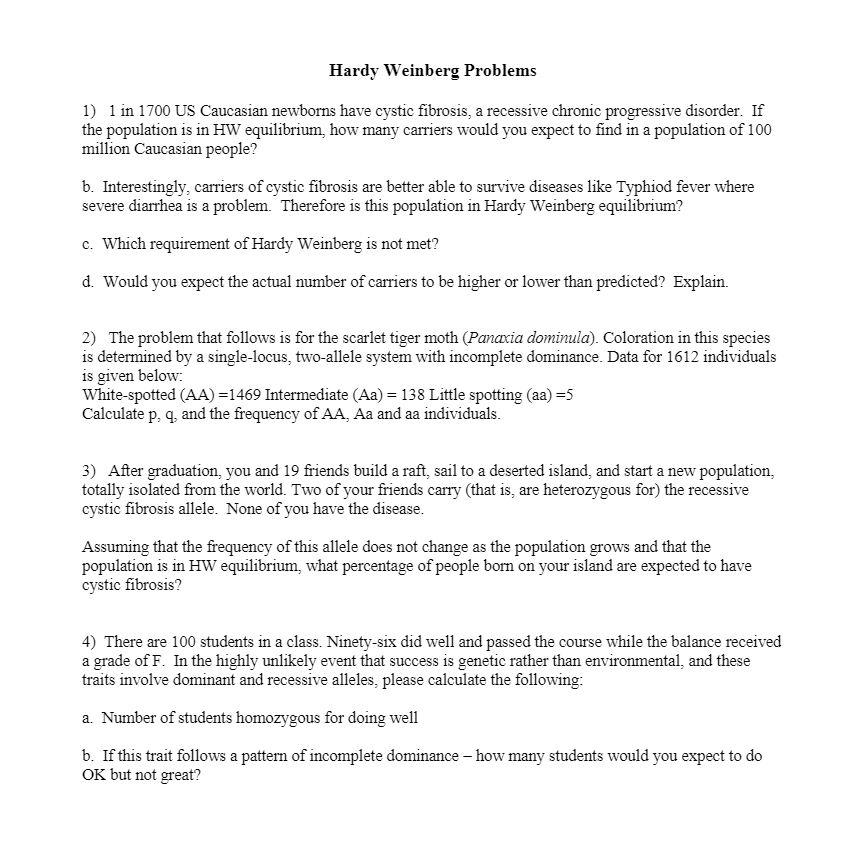 Hardy Weinberg Problems 1) 1 in 1700 US Caucasian | Chegg.com