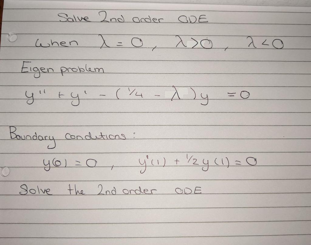 Solved when λ=0,λ>0,λ Eigen problem y′′+y′−(1/4−λ)y=0 | Chegg.com