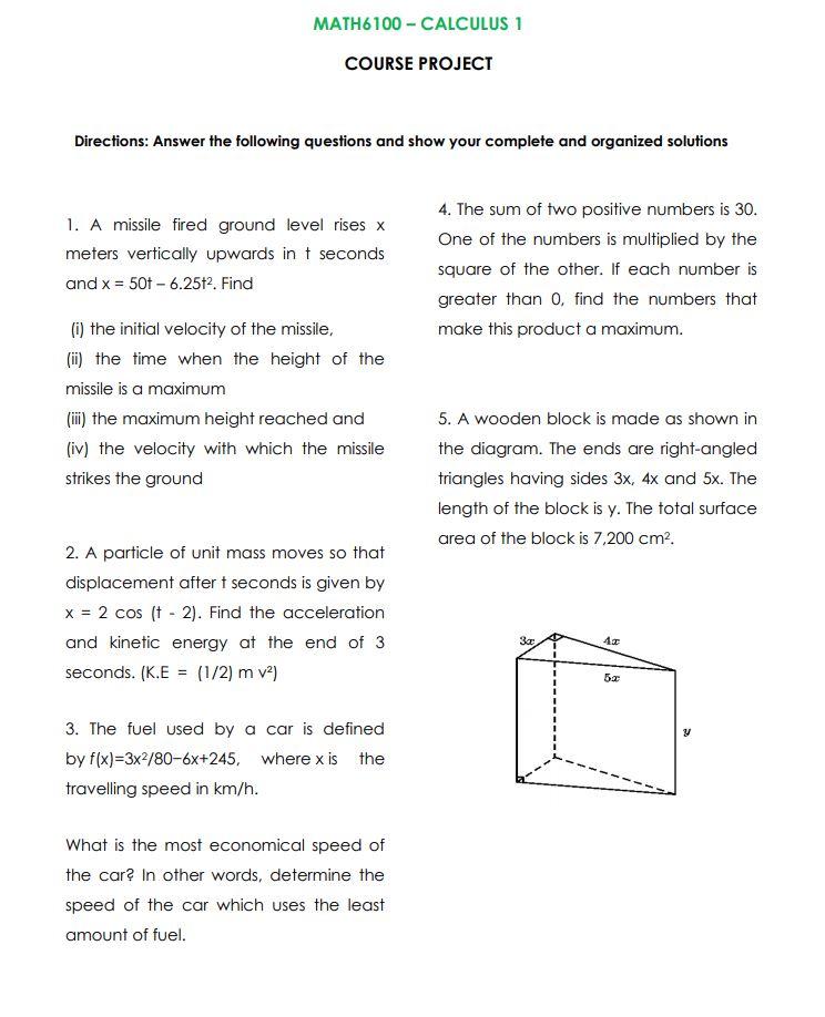 Solved MATH6100 - CALCULUS 1 COURSE PROJECT Directions: | Chegg.com