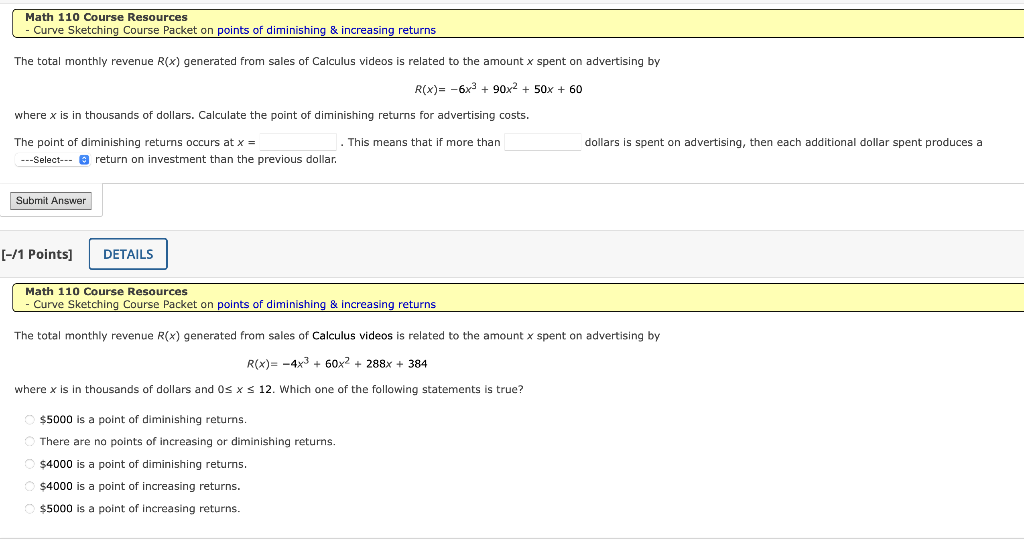 Solved Math 110 Course Resources -Curve Sketching Course | Chegg.com
