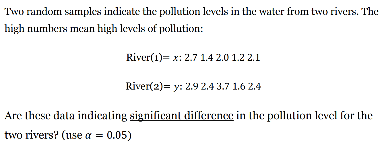 Solved Two random samples indicate the pollution levels in | Chegg.com