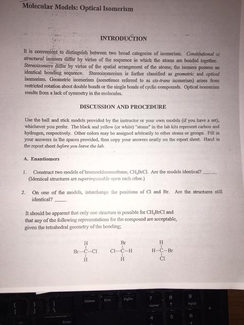 Solved Molecular Models: Optical Isomerism INTRODUCTION It | Chegg.com