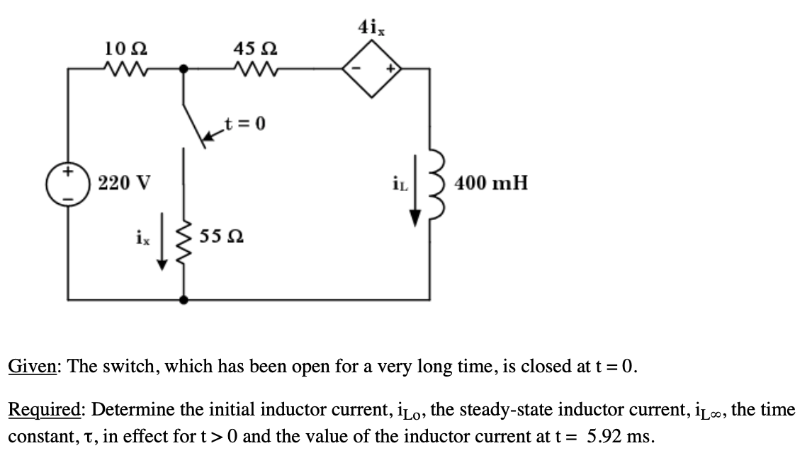 Solved 1012 4522 M Wt=0 =0 220 V 220 v 1 ix 5522 ir 400 mH 0 | Chegg.com