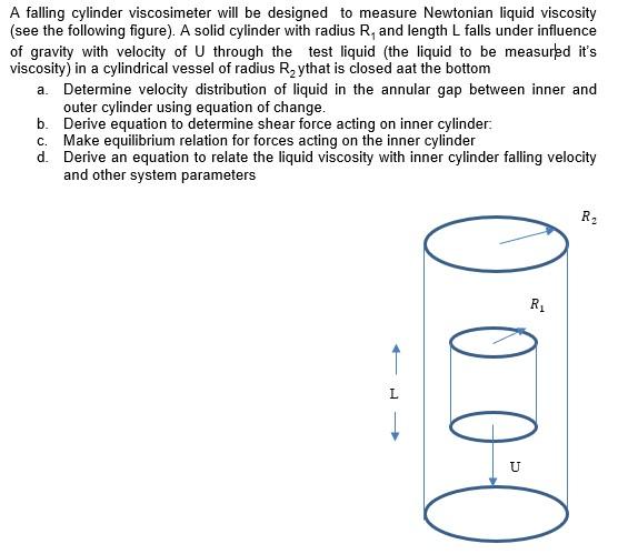 Solved A falling cylinder viscosimeter will be designed to | Chegg.com