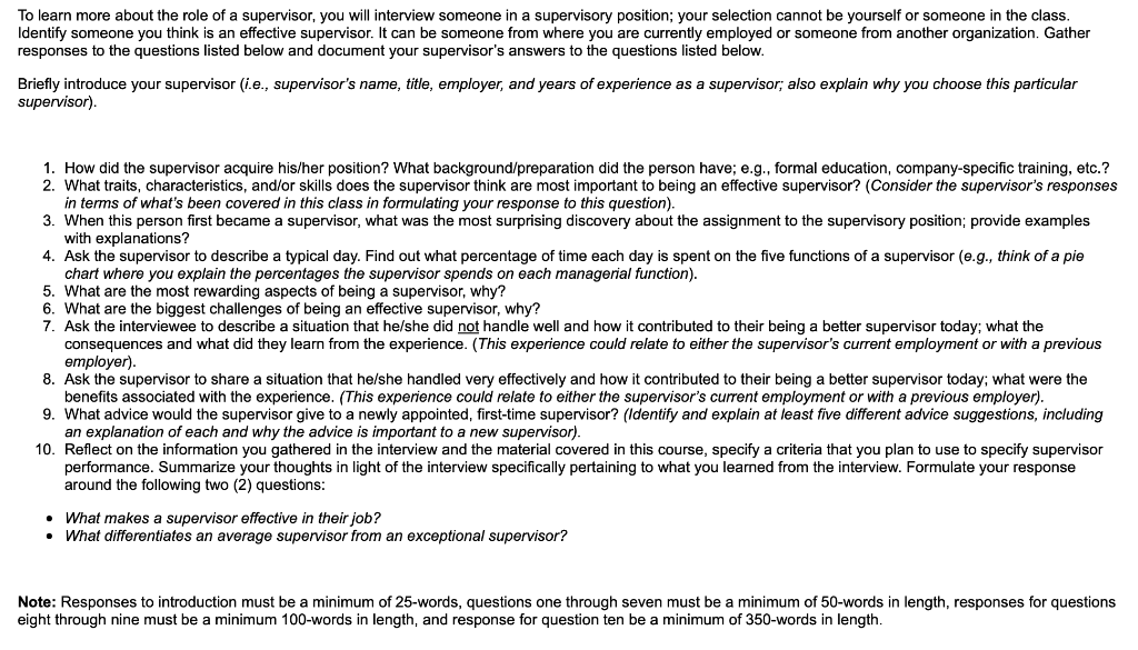 Solved To learn more about the role of a supervisor, you | Chegg.com