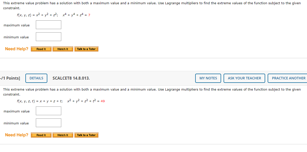 Solved This extreme value problem has a solution with both a | Chegg.com