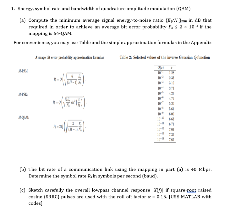 1. Energy, symbol rate and bandwidth of quadrature | Chegg.com