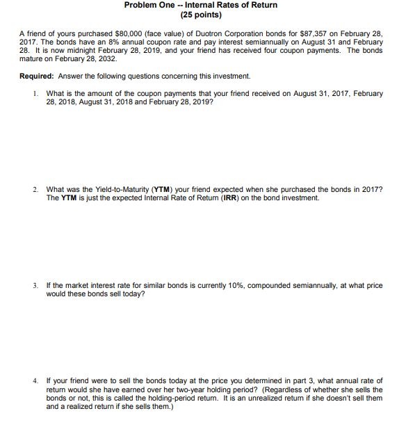 Solved Problem One -Internal Rates of Return (25 points) A | Chegg.com